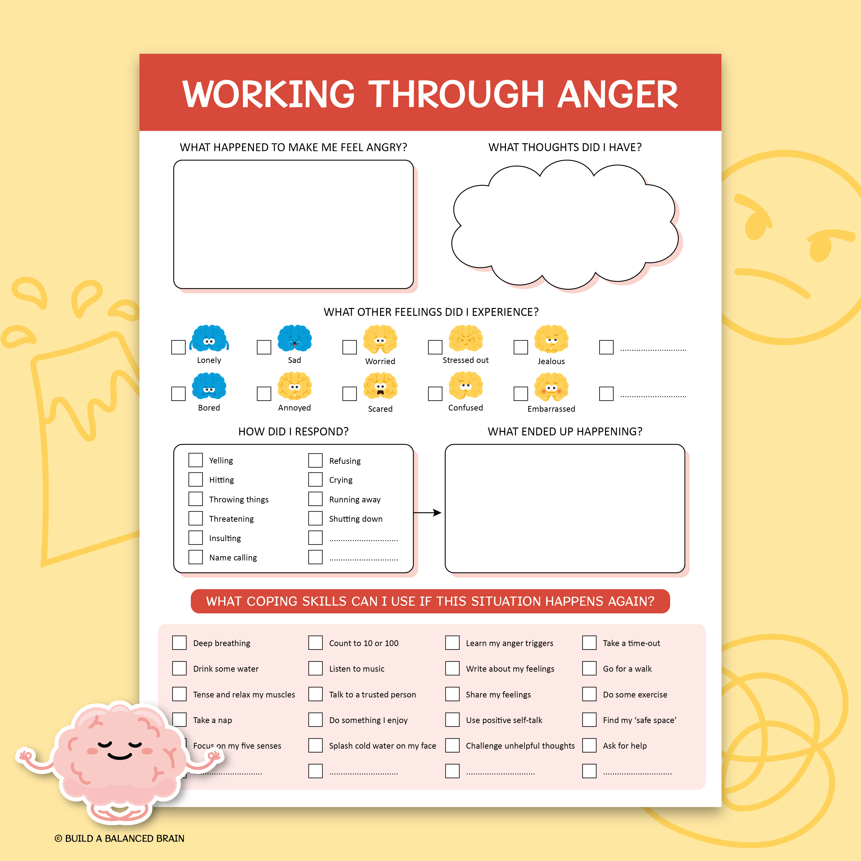 Anger Management Worksheet for Kids & Teens - Therapeutic Tool for ...
